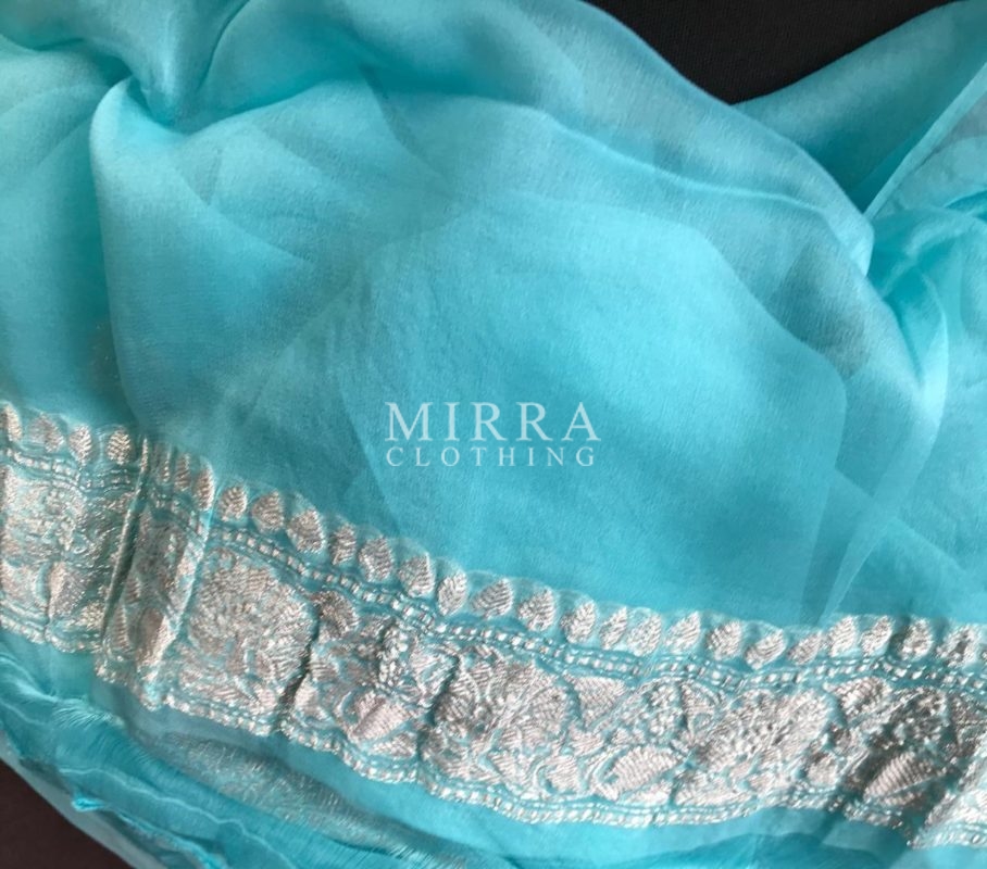 Baby Blue Pure Khaddi Banarasi Silk Saree in Chiffon woven in Silver Zari