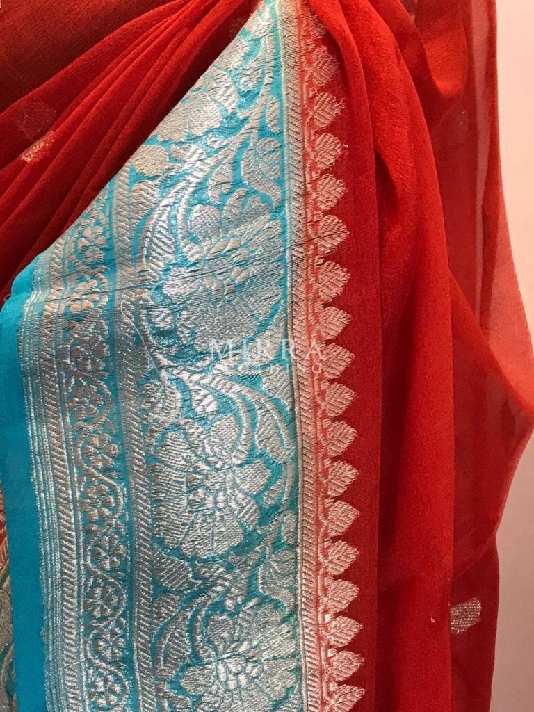 Crimson Red Pure Khaddi Banarasi Silk Saree in Chiffon woven in Silver ...