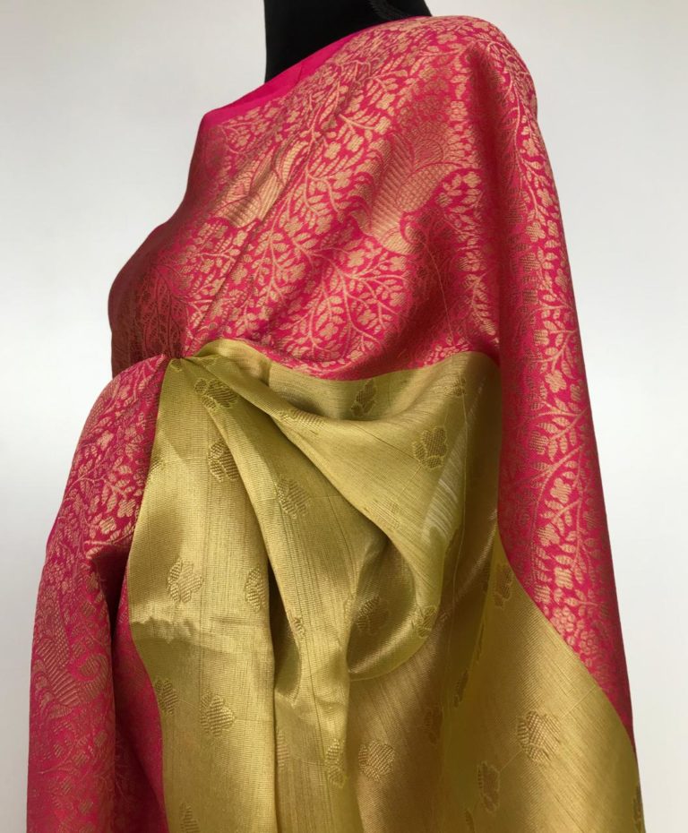 Gold Kora Silk Saree with Gold Zari Weaves - Mirra Clothing