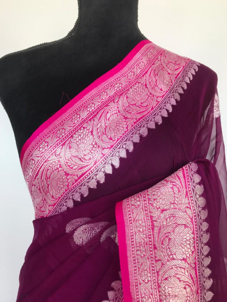 Purple Pure Khaddi Banarasi Silk Saree in Chiffon woven in Silver Zari
