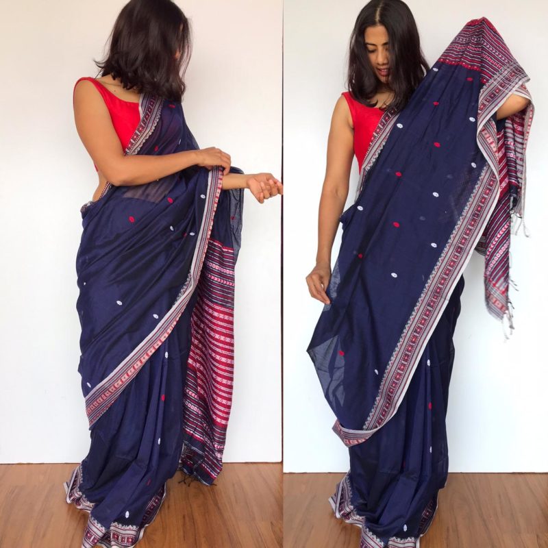 Navy Blue Handwoven Cotton Jamdani Saree | Mirra clothing