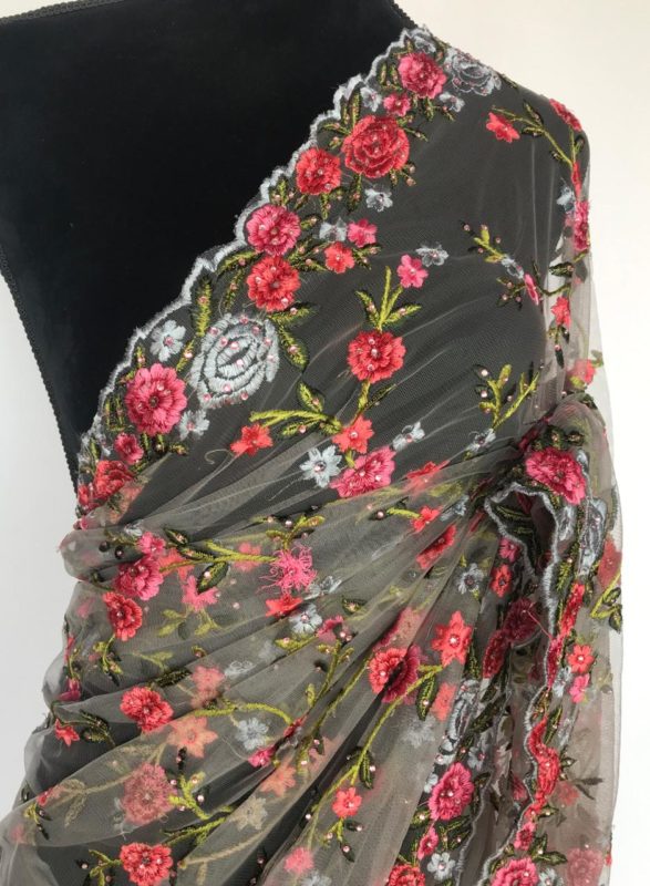 Grey Designer Net Saree with Floral Embroidery | Mirra clothing