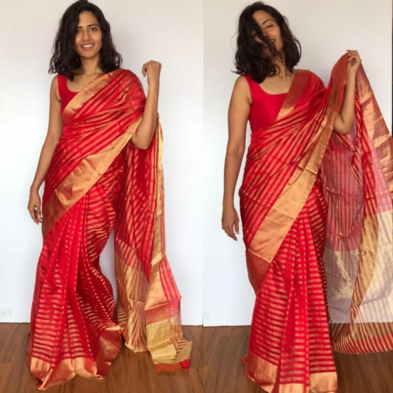 Red Chanderi Silk Saree with Gold Zari Weaves - Mirra Clothing