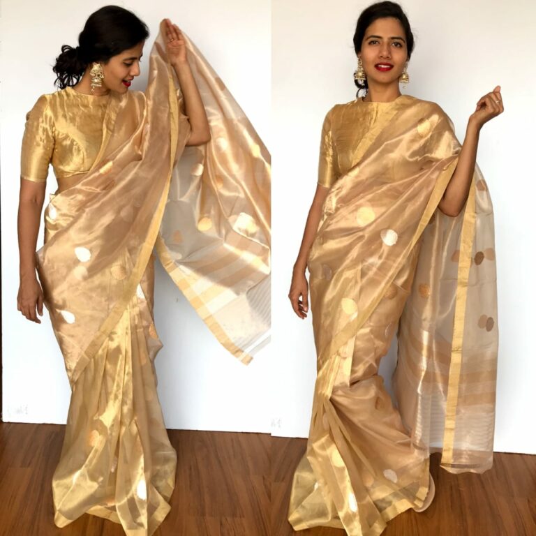 Gold Organza Pure Tissue Silk Saree with Kadwa Zari Motifs - Mirra Clothing