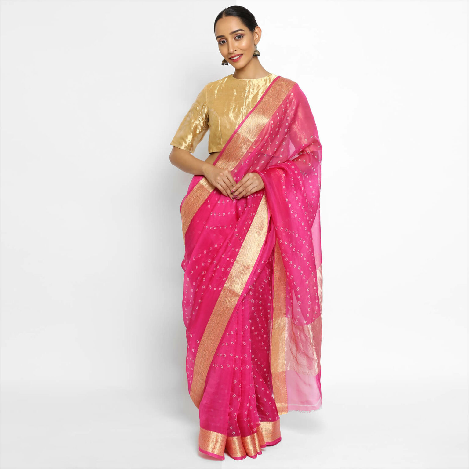 Rani Pink Organza Silk Saree with Bandhani Prints - Mirra Clothing