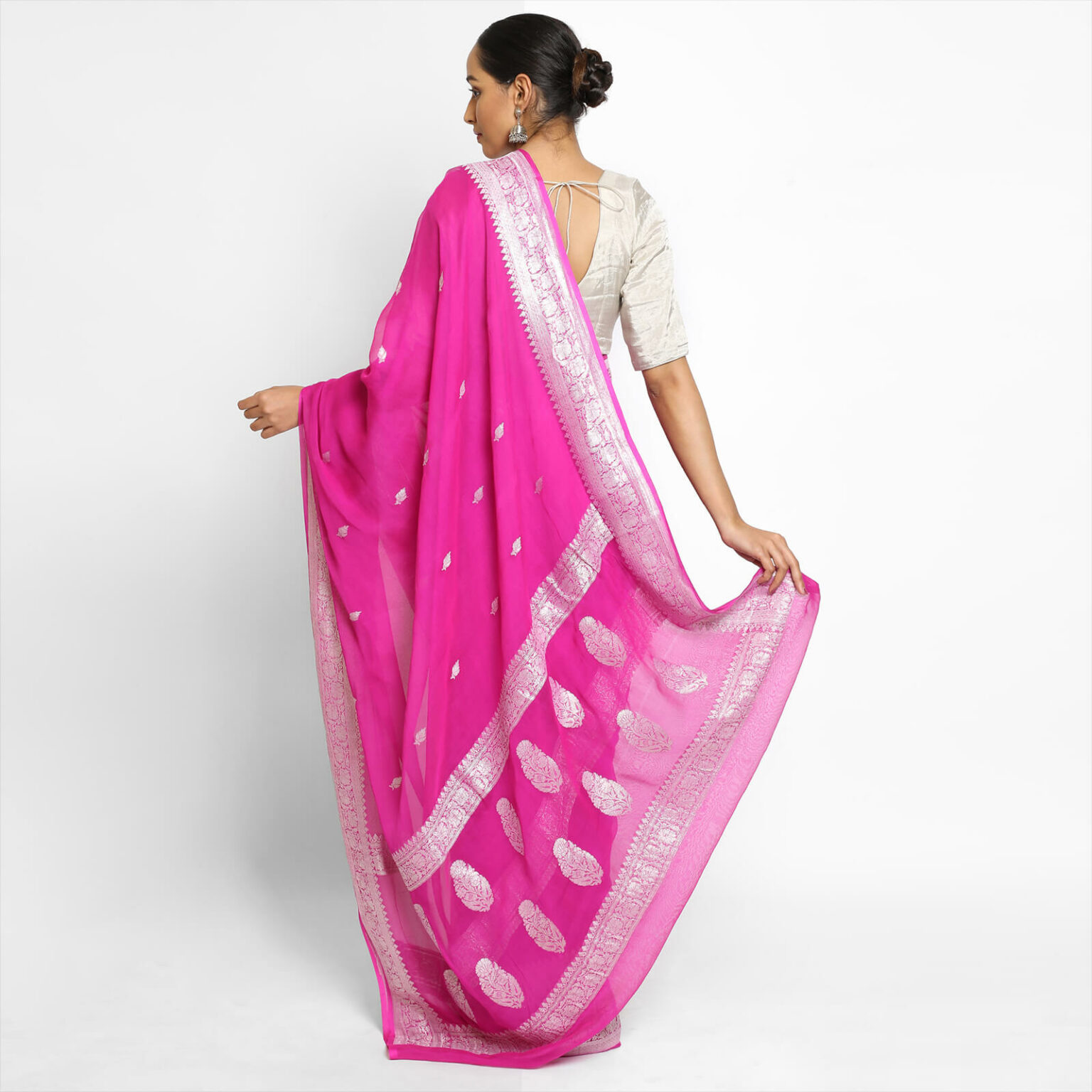 Rani Pink Banarasi Silk Saree in Pure Khaddi Chiffon | Mirra clothing