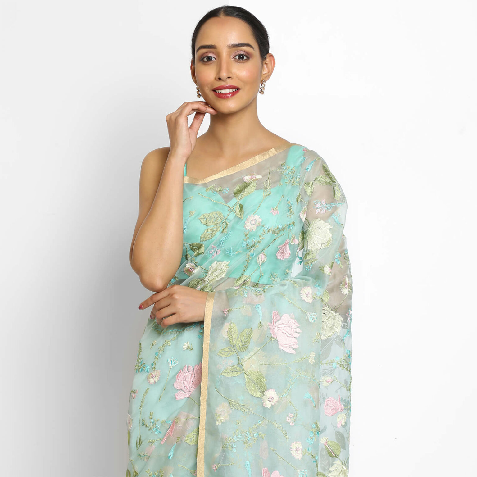 Baby Blue Organza Saree with Floral Embroidery | Mirra clothing