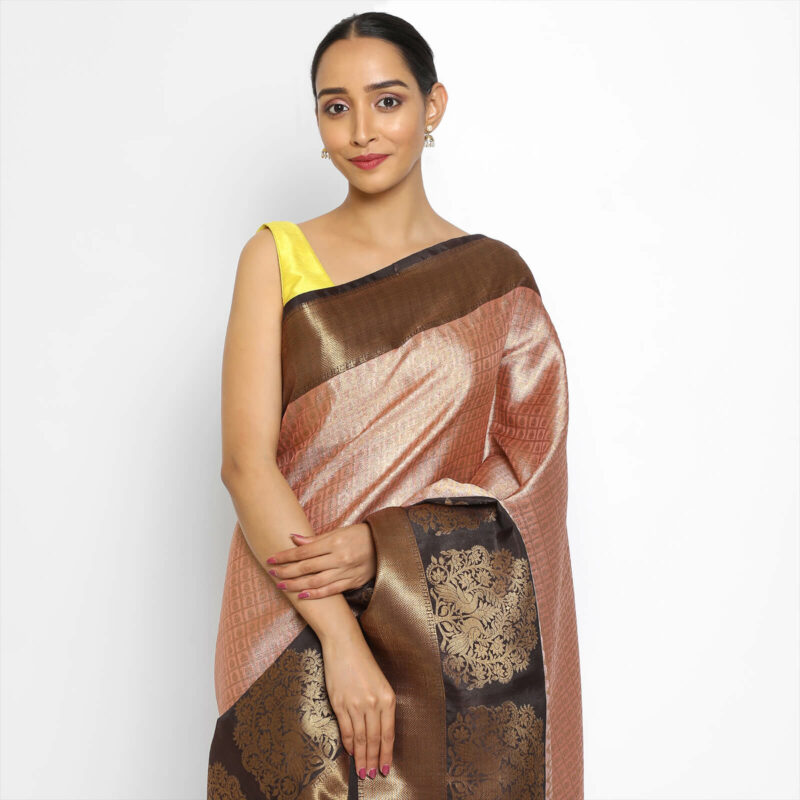 Powder Pink Kora Silk Saree with Gold Zari Weaves | Mirra clothing