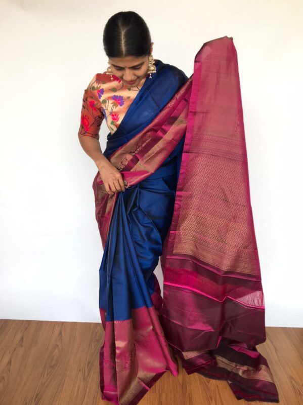 Royal Blue Kanjivaram Saree with Gold Zari | Mirra Clothing