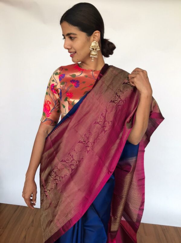Royal Blue Kanjivaram Saree with Gold Zari | Mirra Clothing