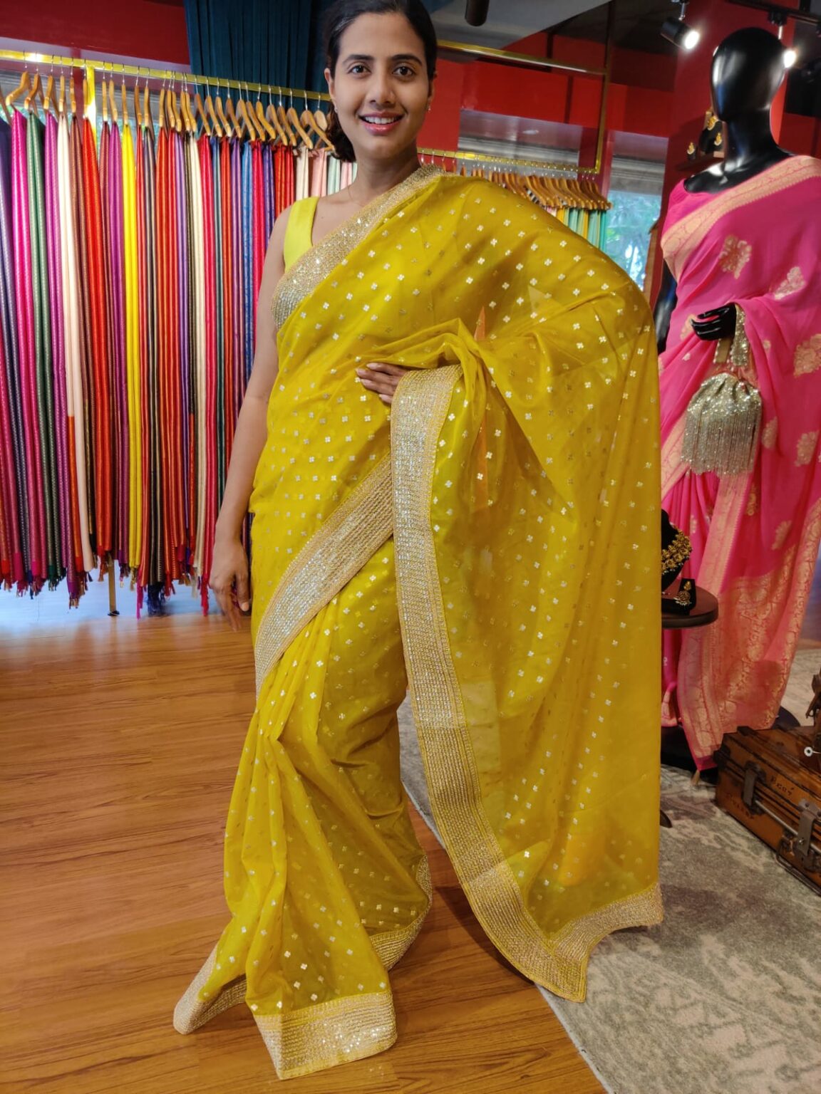 Mustard Yellow Organza Silk Saree with Sequins Embroidered Border ...