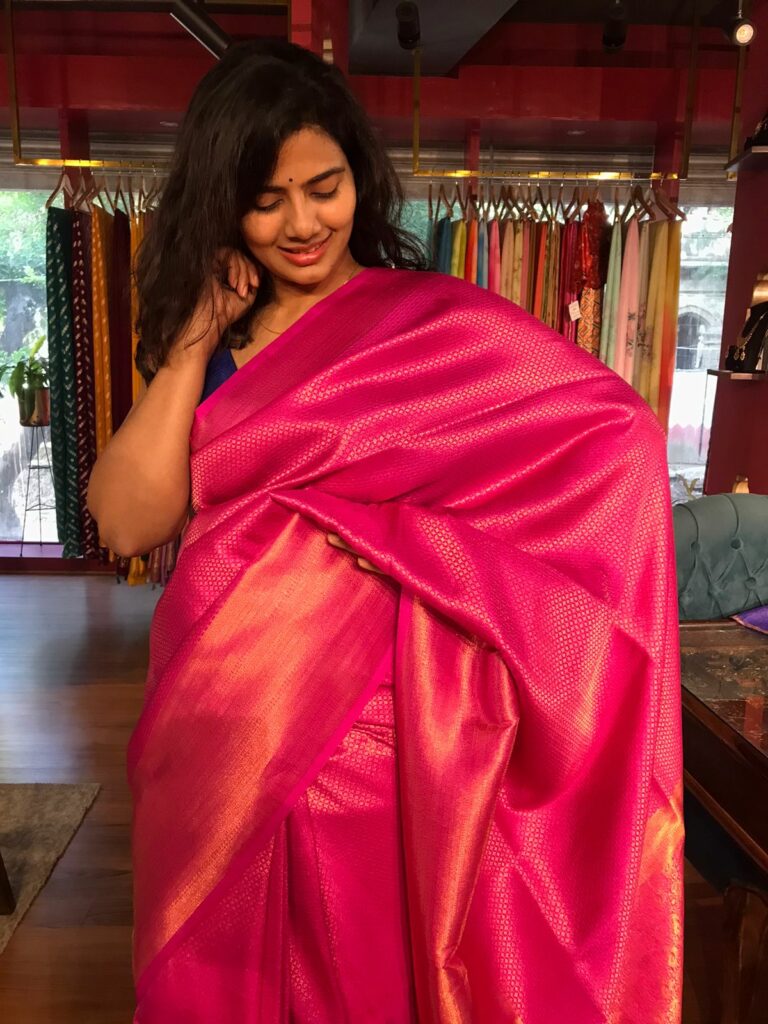 Buy Hot Pink Banarasi Silk Saree highlighted with Gold Zari Weaves ...