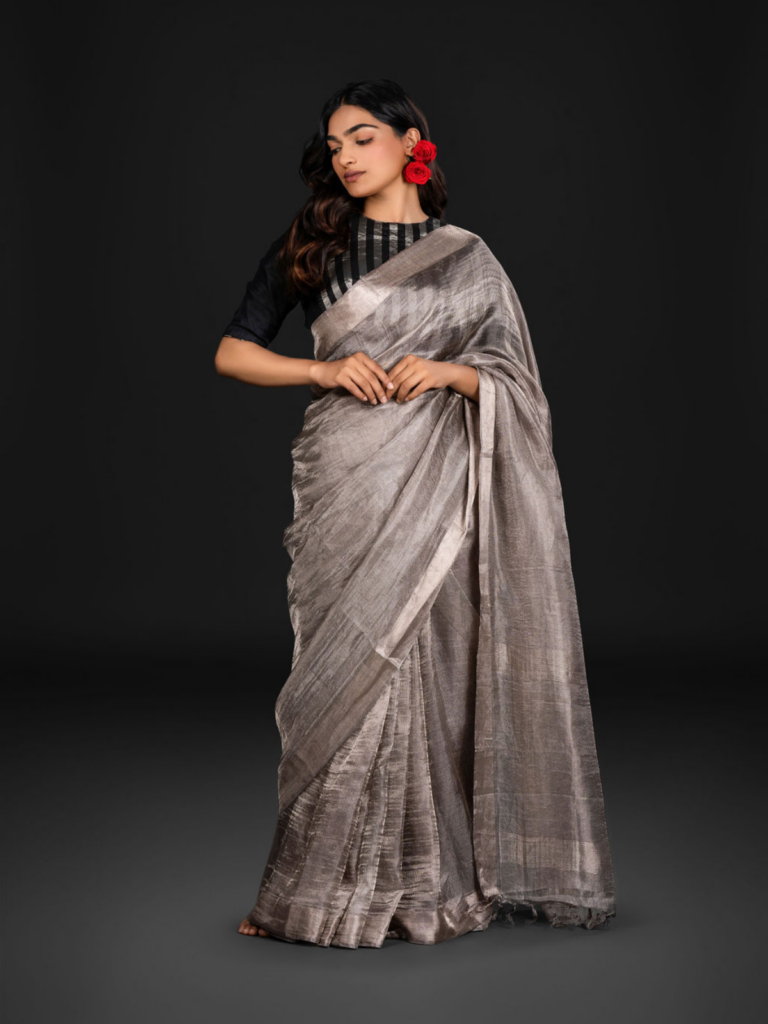 Buy Metallic Silver Pure Tissue Silk Saree Online - Mirra Clothing
