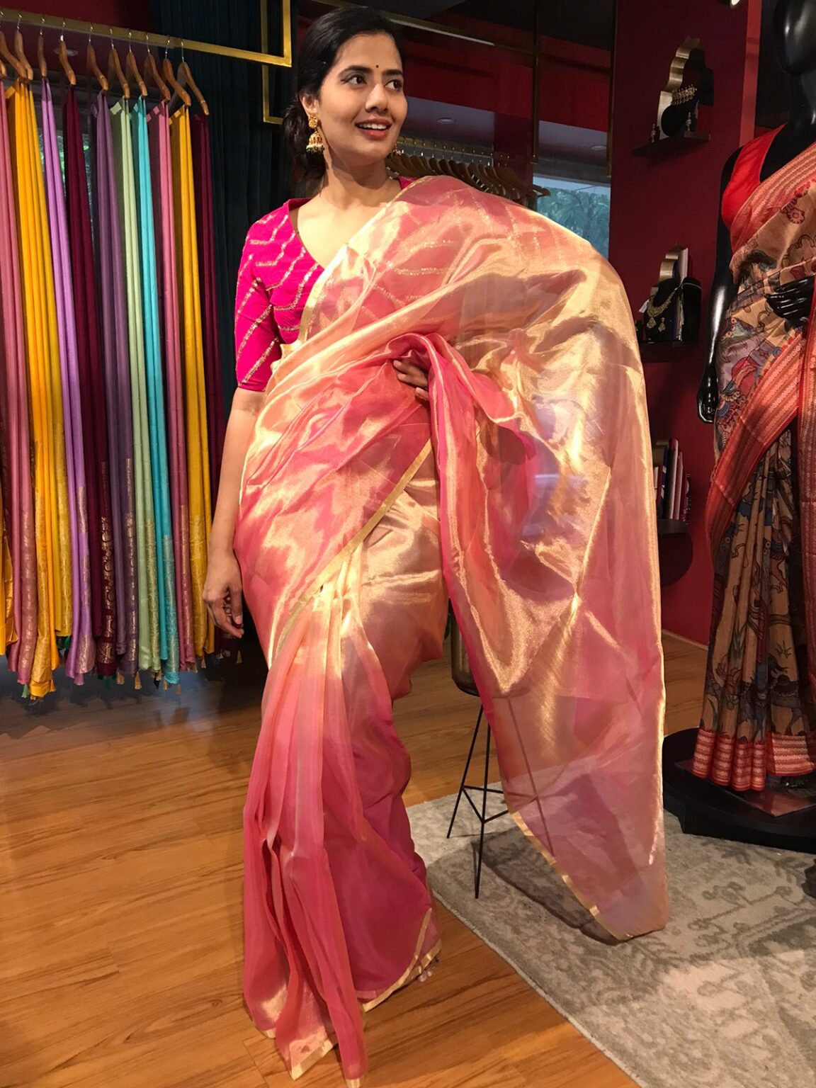 Ombre Pink Tissue Silk Saree with Gold Zari piping - Mirra Clothing