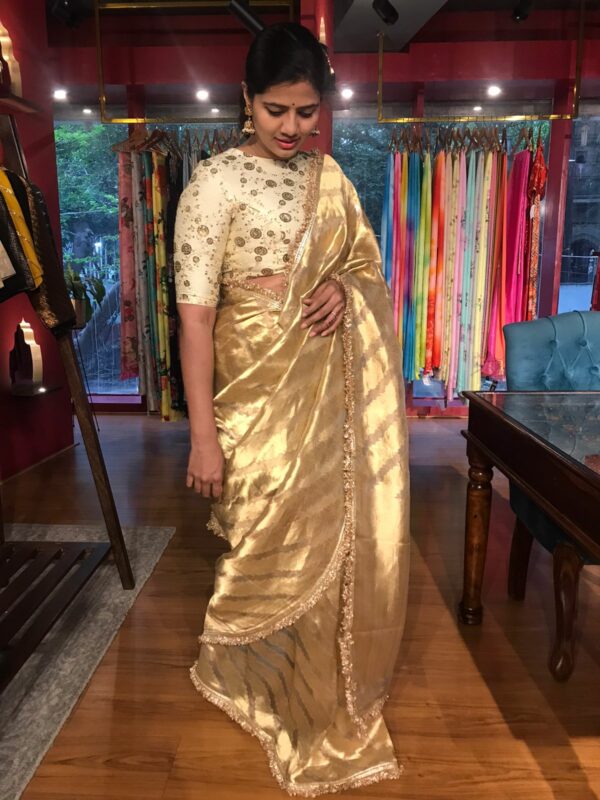 Ivory Gold Tissue Silk Saree woven in Leheriya Pattern - Mirra Clothing