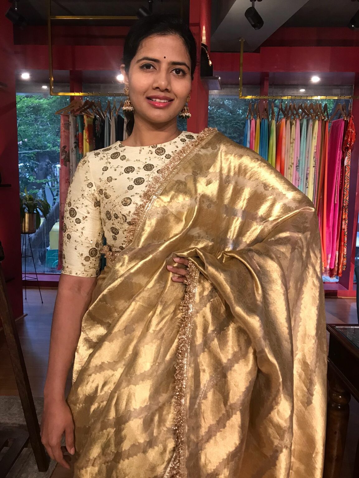 Ivory Gold Tissue Silk Saree woven in Leheriya Pattern - Mirra Clothing