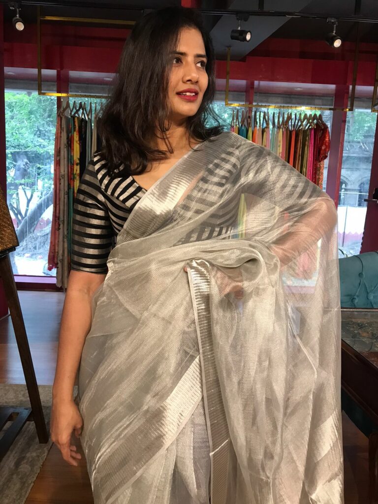Buy Silver Tissue Silk Saree with Self designed Border Online - Mirra ...