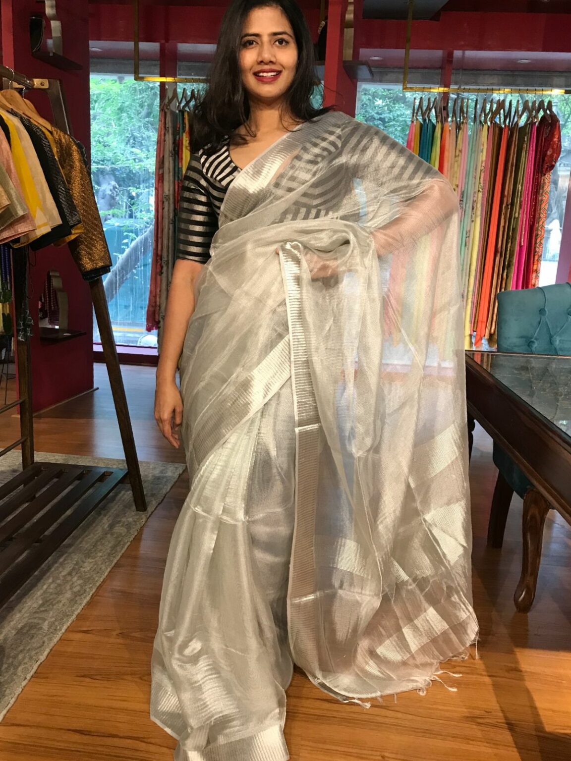 Buy Silver Tissue Silk Saree with Self designed Border Online - Mirra ...