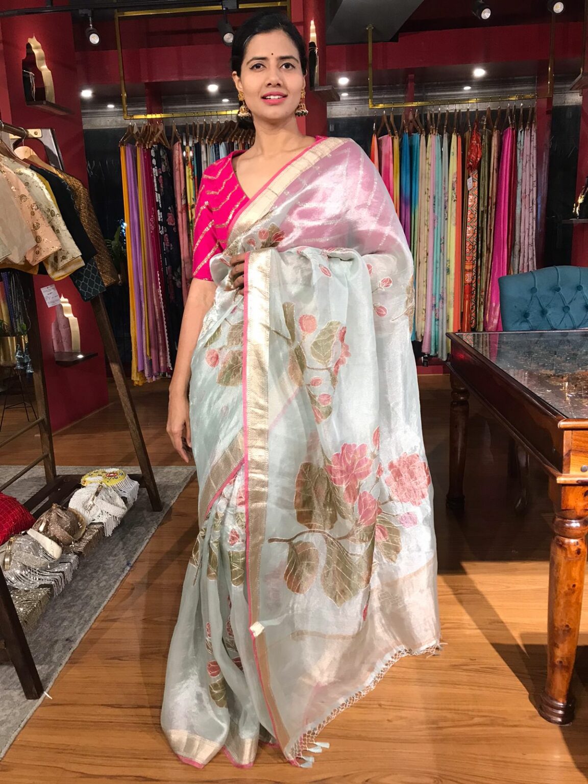 Baby Blue Tissue Silk Saree highlighted with Hand painted Florals and ...