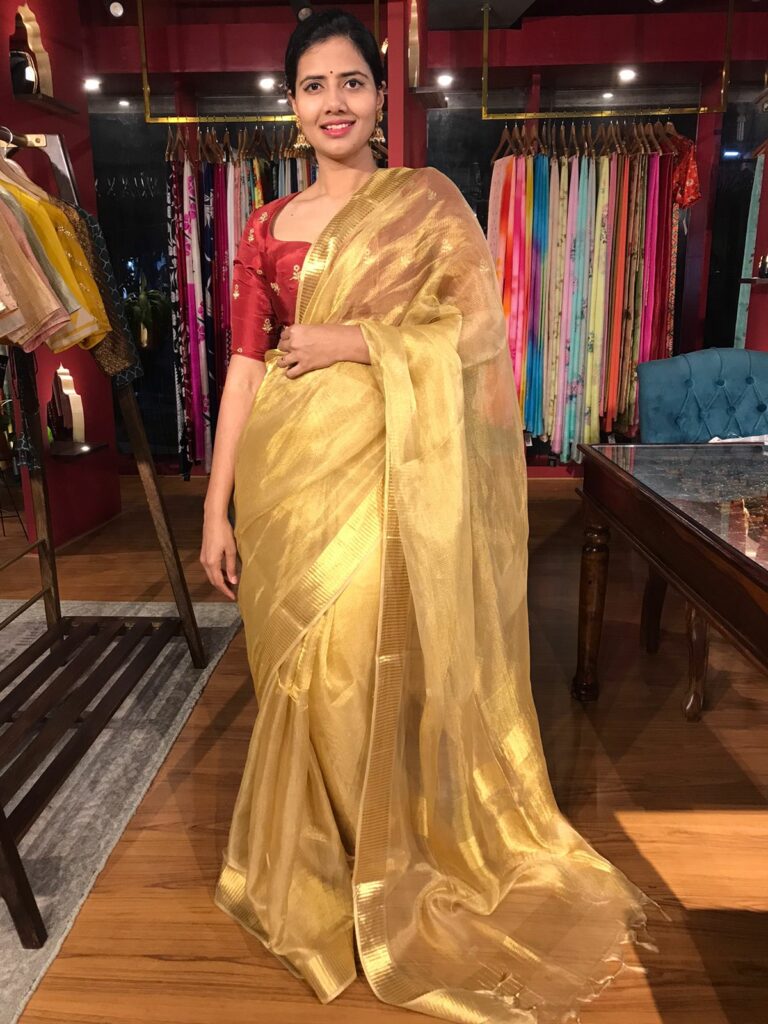 Gold Tissue Silk Saree with Self designed Border - Mirra Clothing