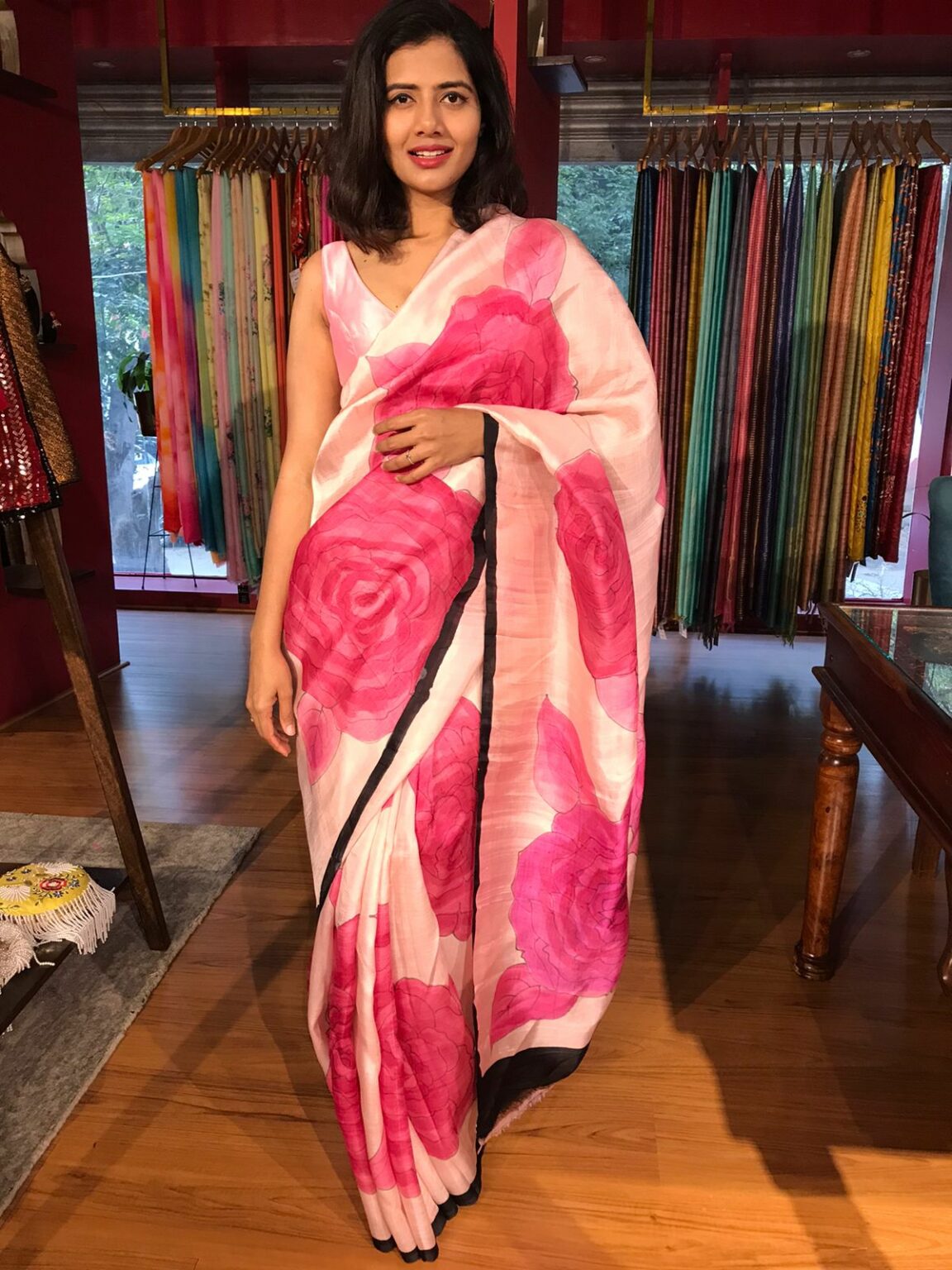 Pink Rosé Handpainted Silk Saree - Mirra Clothing