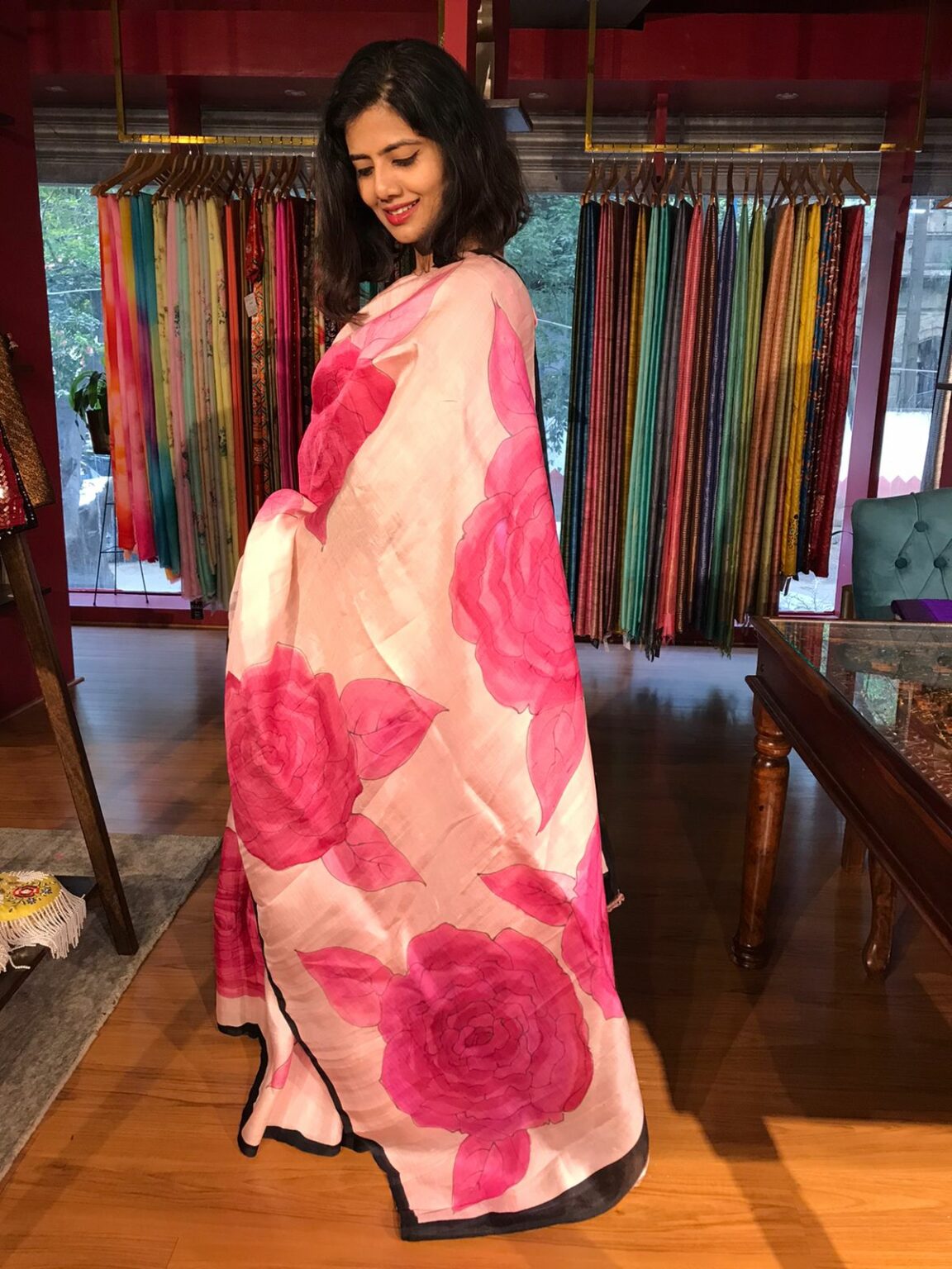 Pink Rosé Handpainted Silk Saree - Mirra Clothing