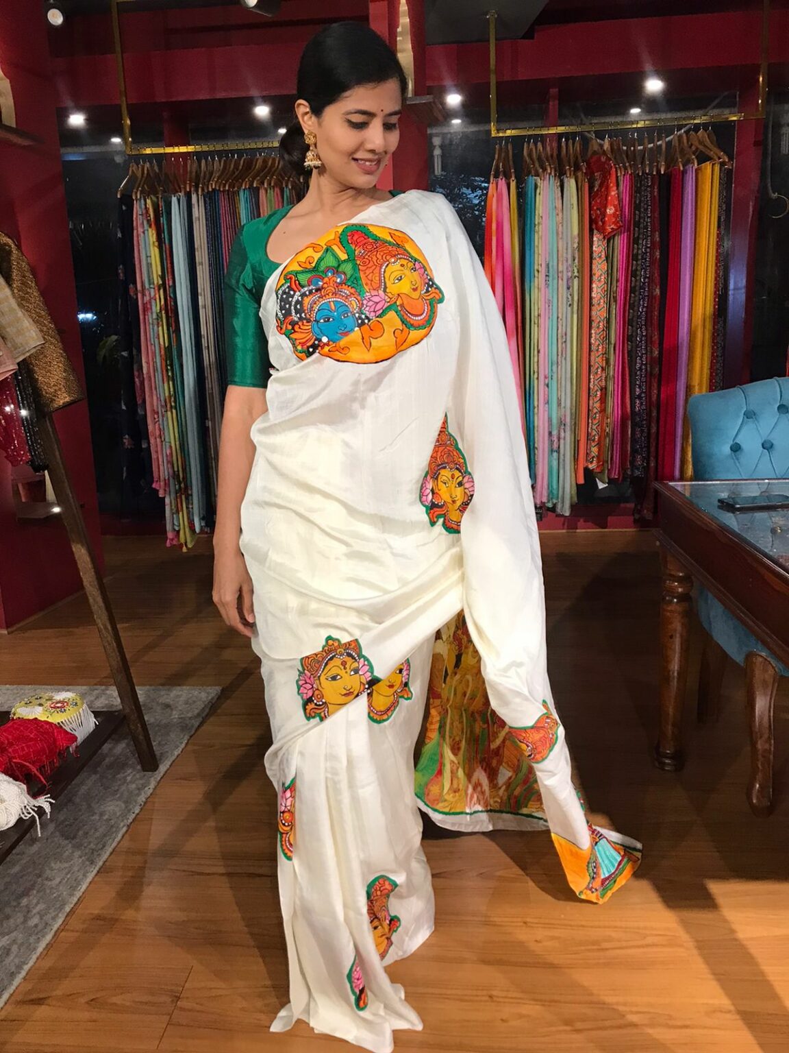 Ivory Silk Saree Handpainted with Beautiful Kerala Murals - Mirra Clothing