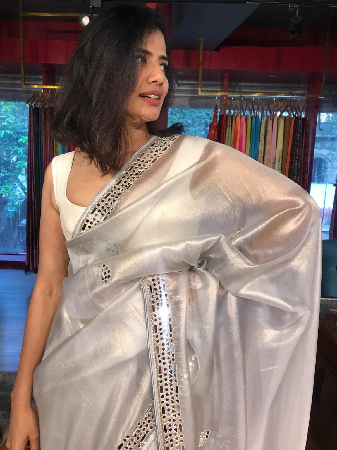 Buy Silver Grey Tissue Organza Silk Saree beautifully Embroidered with ...