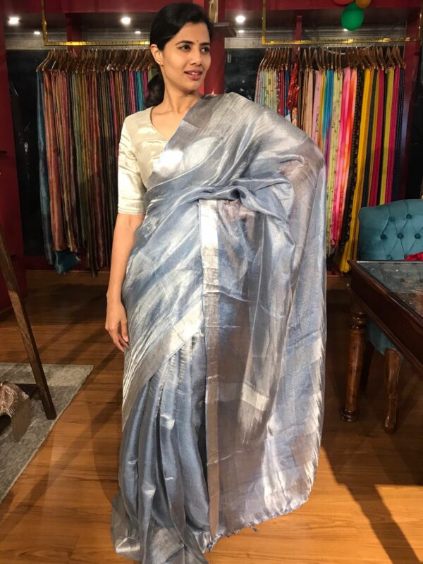 Ice Blue Tissue Silk Saree with Beautiful Zari Border - Mirra Clothing