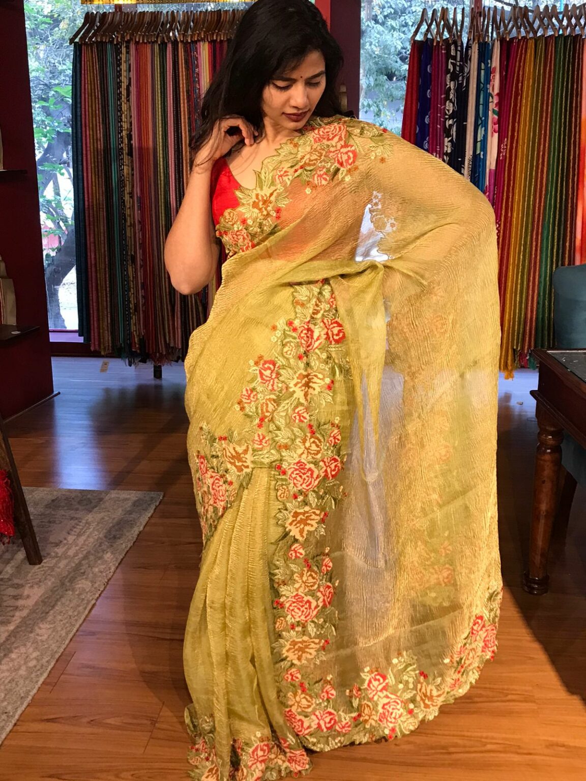 Green Crushed Tissue Silk Saree with Cutwork Embroidery - Mirra Clothing