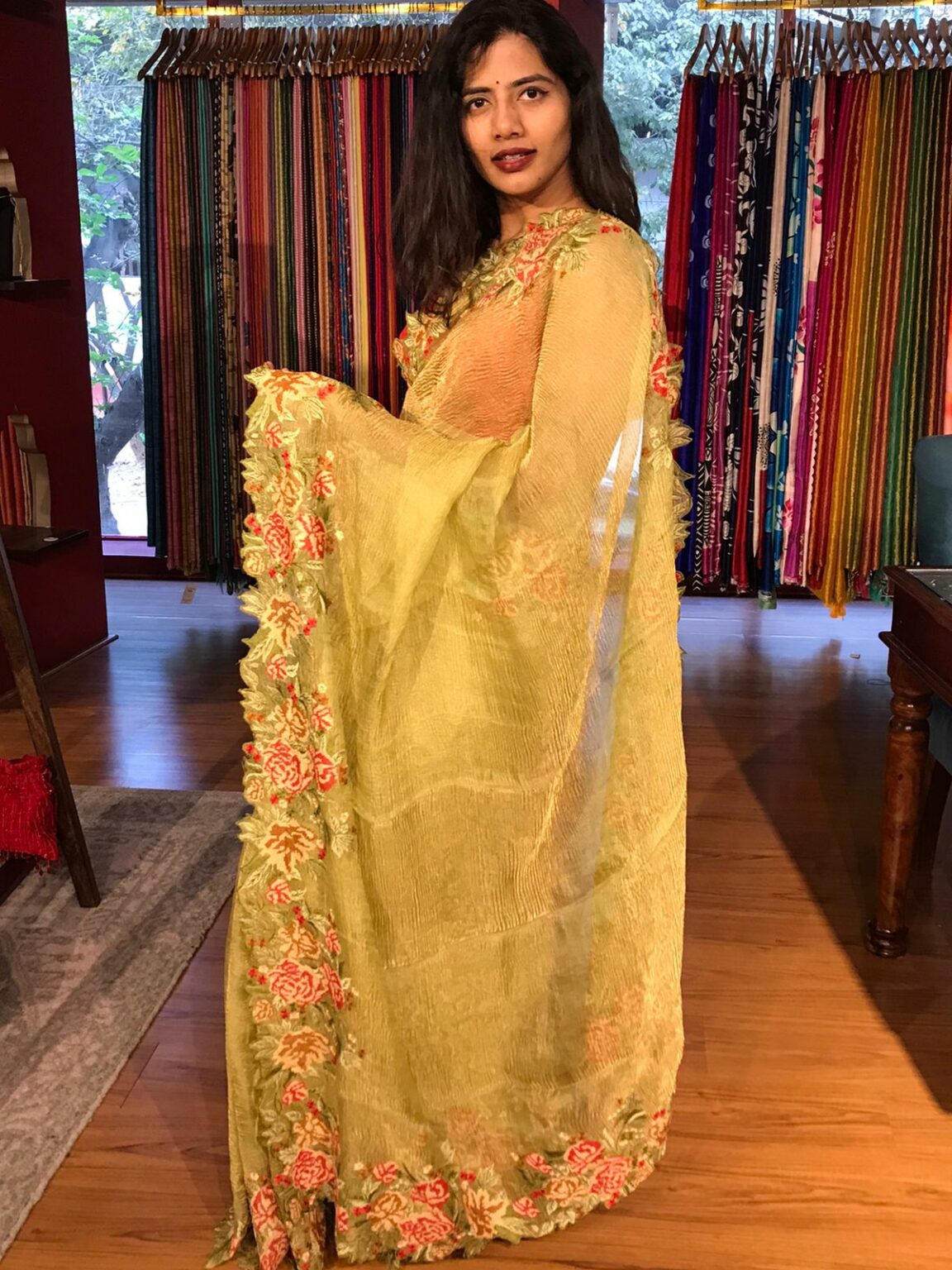 Green Crushed Tissue Silk Saree with Cutwork Embroidery - Mirra Clothing