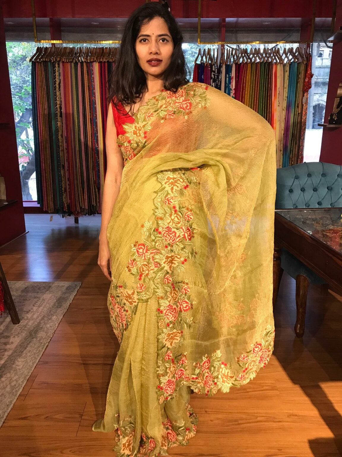 Green Crushed Tissue Silk Saree with Cutwork Embroidery - Mirra Clothing
