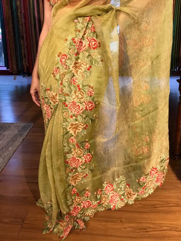 Green Crushed Tissue Silk Saree with Cutwork Embroidery - Mirra Clothing