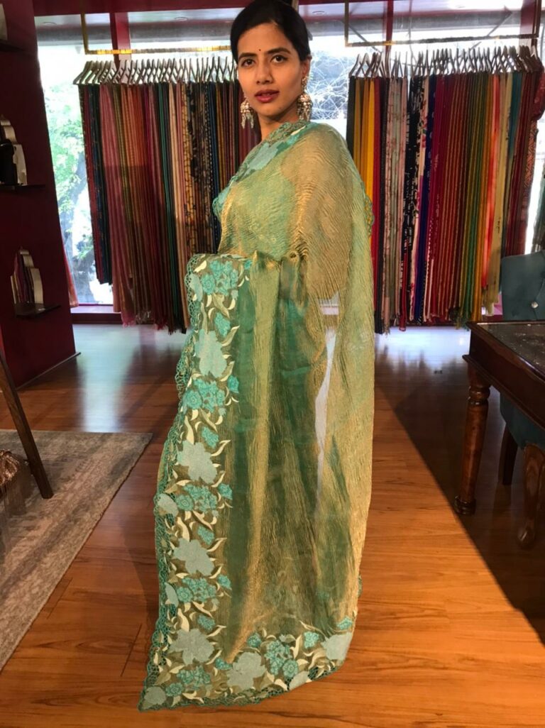 Teal Blue Crushed Tissue Silk Saree with Cutwork Embroidery - Mirra ...